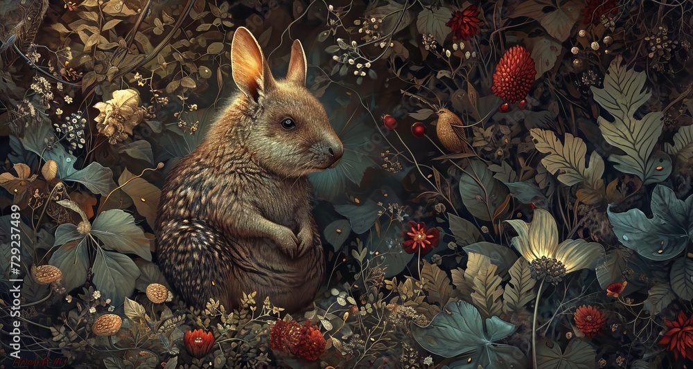 Broad-faced potoroo in a mythical woodland setting, surrounded by ...