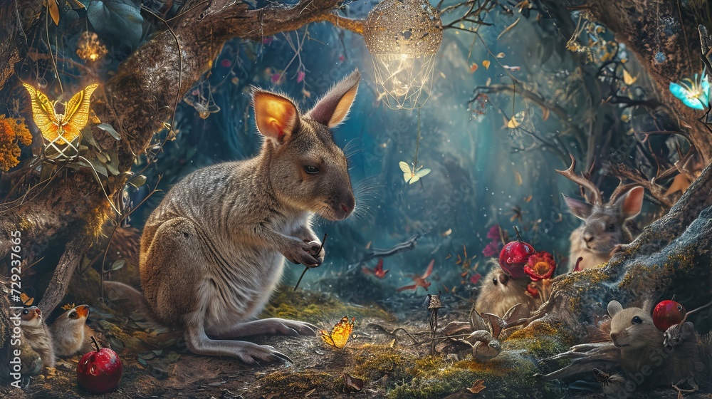 Broad-faced potoroo in a mythical woodland setting, surrounded by ...