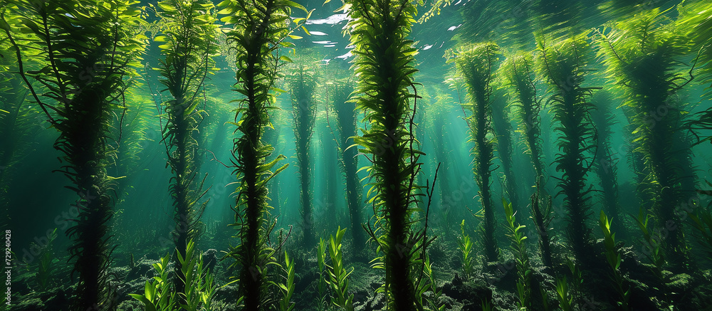 Forest of green algae with tall stems reaching the surface of the water ...