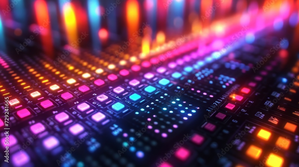 Digital equalizer panel with numerous glowing indicator lights ...