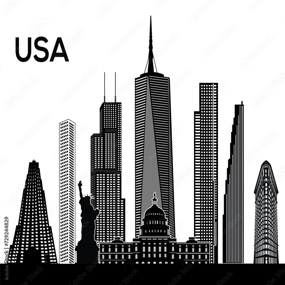 Vector silhouette of the iconic USA skyline, featuring landmarks like ...
