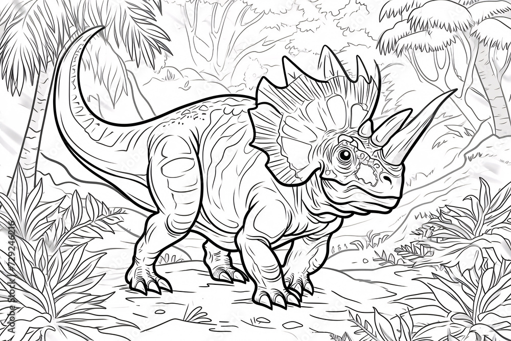 Chasmosaurus Dinosaur Black White Linear Doodles Line Art Coloring Page ...