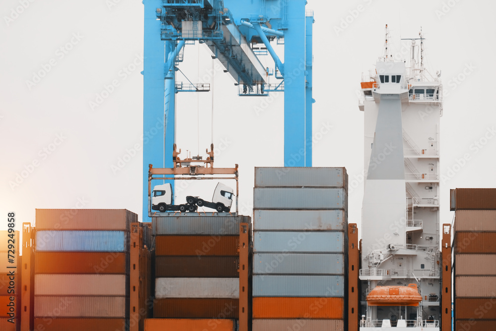 Cargo Truck Lashed On The Flat Rack Container For Loading And ...