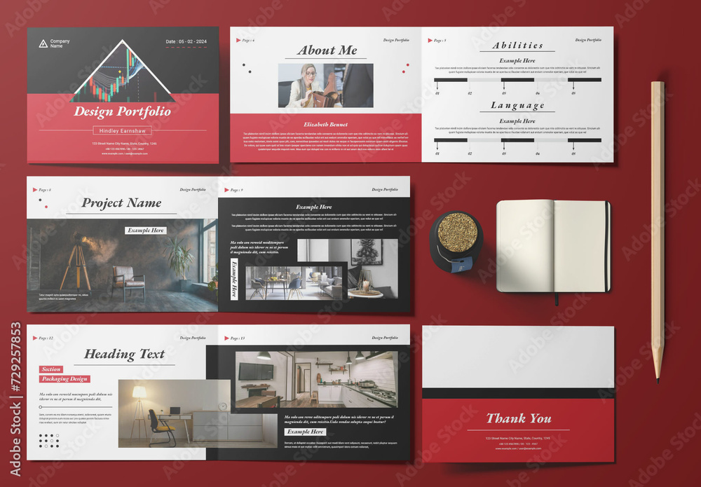 Modern Interior Design Portfolio Layout Template with Black And Red ...