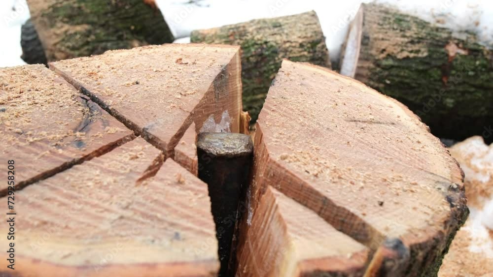 Using large hammer to struck iron wedge stuck in the tree stump while ...