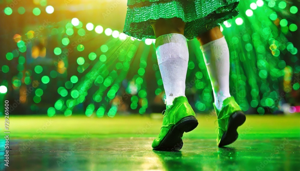 Irish dancing legs close up on stage on bright green lighting stage ...