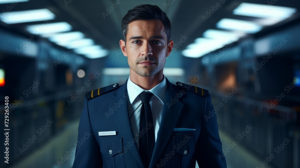 Portrait of a male flight attendant in a cabin crew uniform ...