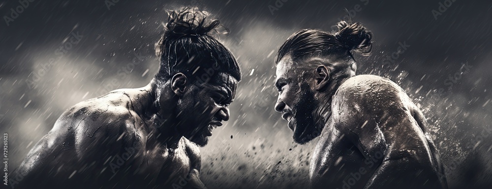 Intense face-off between two shirtless athletes in the rain at night ...