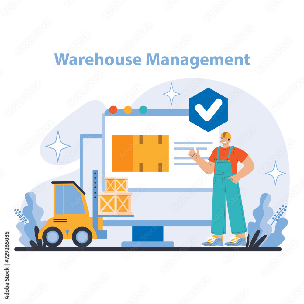 Warehouse Management concept. Showcases organized inventory storage and ...