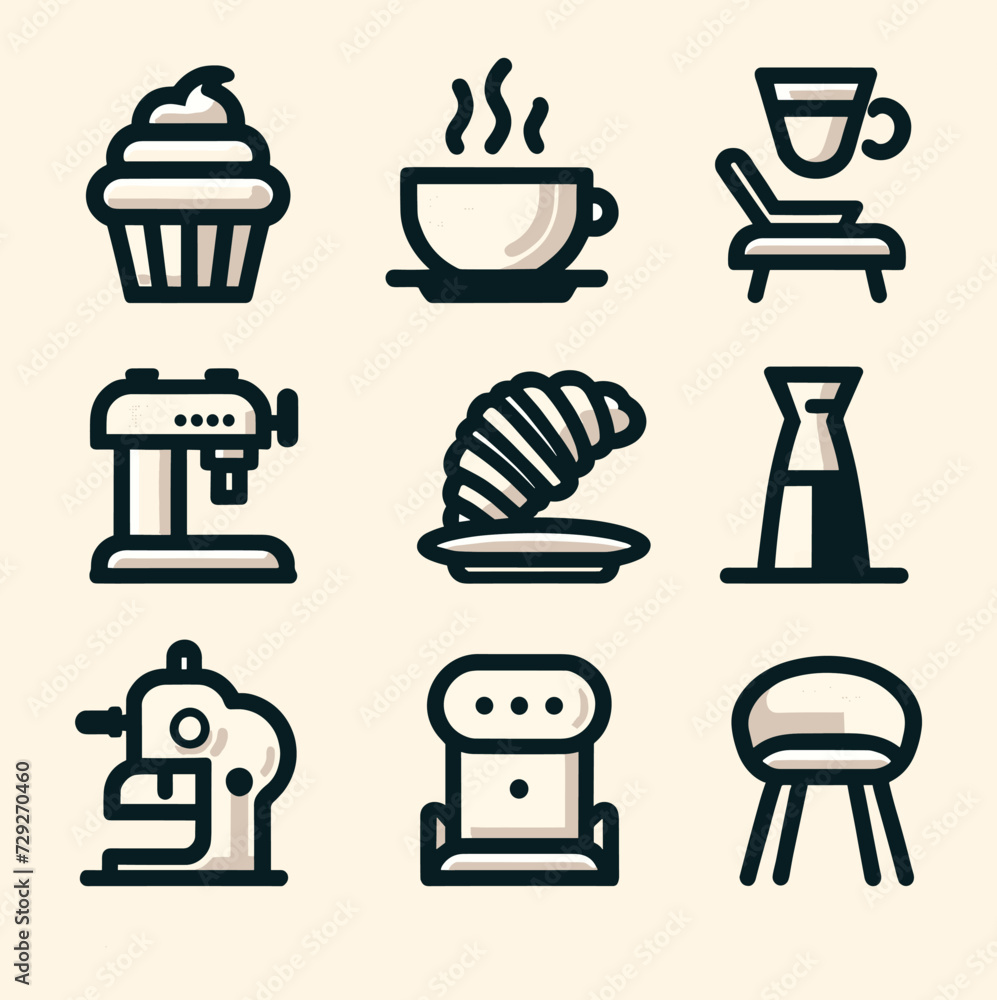 Set of cafe releated icons in cream background in minimalistic flat ...