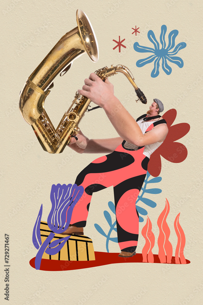 Artistic man playing giant saxophone over abstract floral background ...