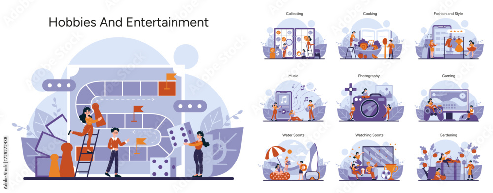 Hobbies set. Everyday leisure activities and passions showcased in ...