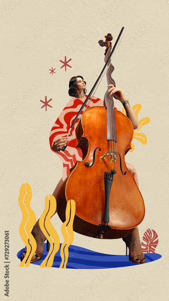 Symphony. Man playing double bass against pastel background ...