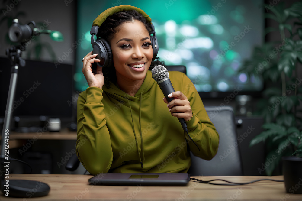 Content creator girl in home audio studio recording a podcast or ...