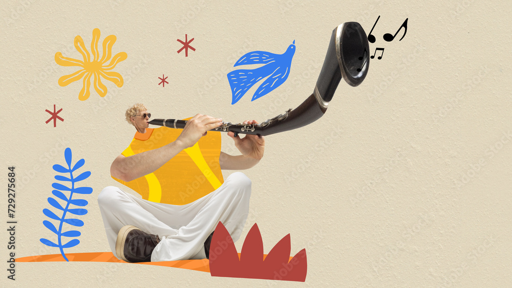 Talented man playing clarinet against abstract beige background ...