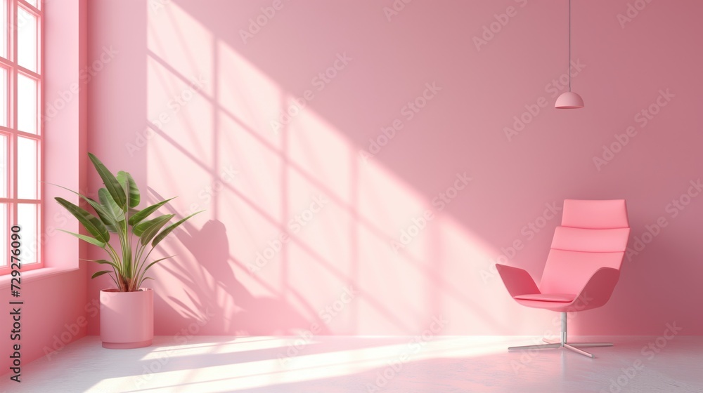 Minimalistic light pink interior with tropical potted plant and single ...