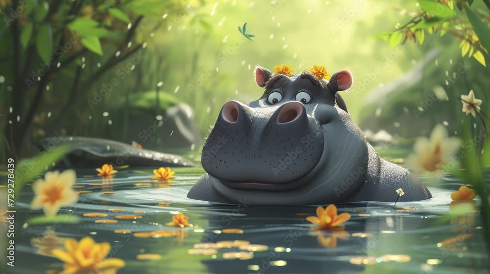 Animated influencer hippo hosting a spa day, demonstrating mud baths ...