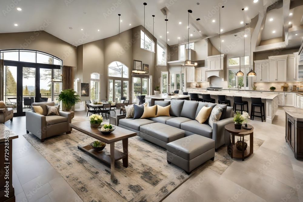 Beautiful living room interior in new luxury home with view of kitchen ...