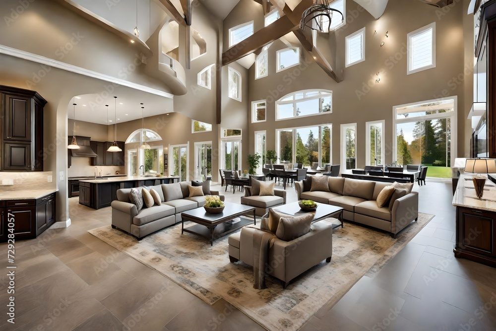 Beautiful living room interior in new luxury home with view of kitchen ...