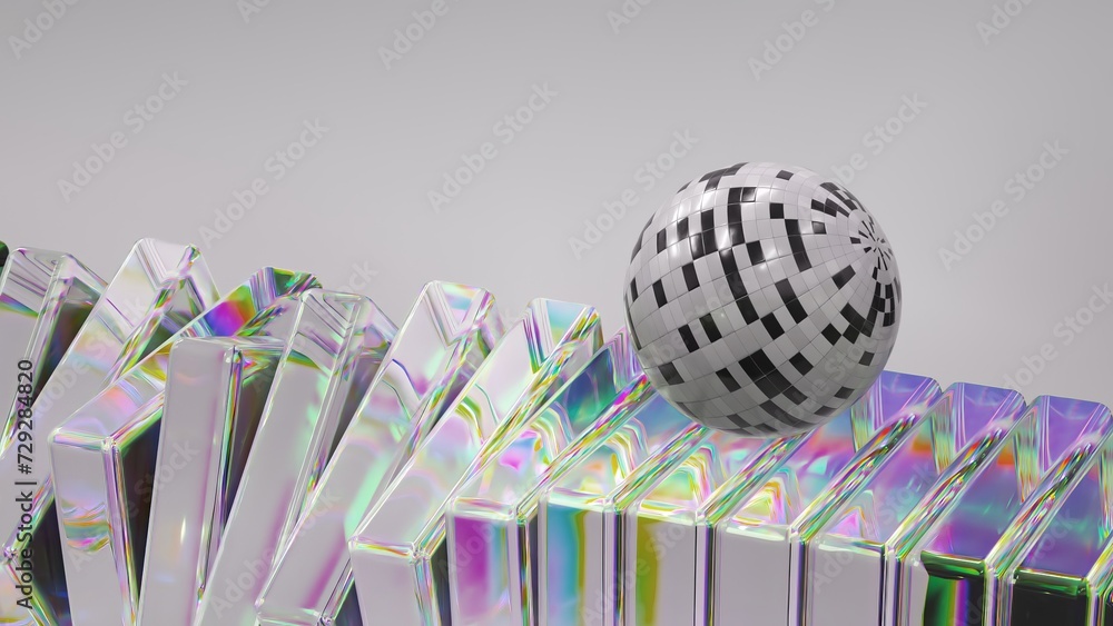 Reflective 3D animation of a checkered sphere on prism terrain ...