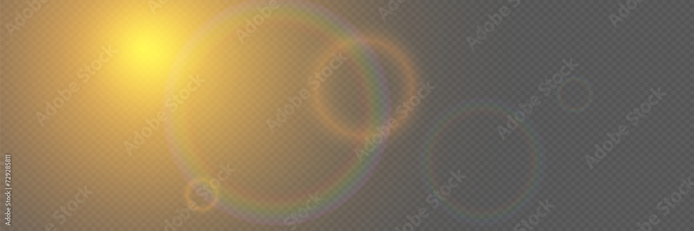 Bright light with glare and reflection of the camera lens. Sun, sun ...