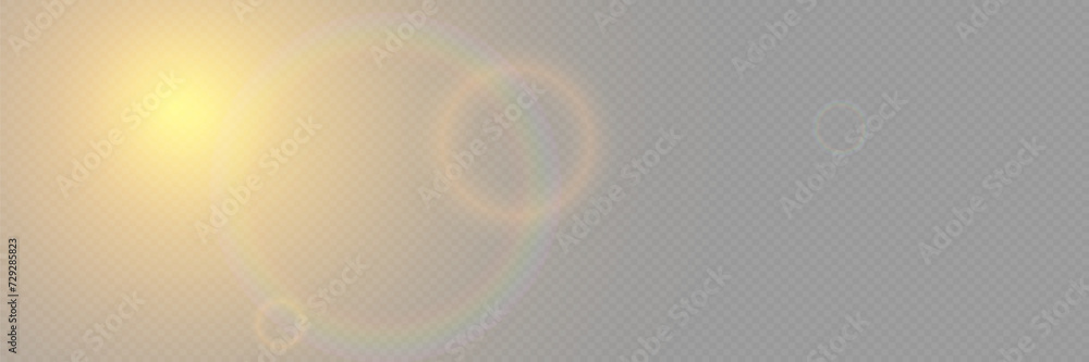 Bright light with glare and reflection of the camera lens. Sun, sun ...