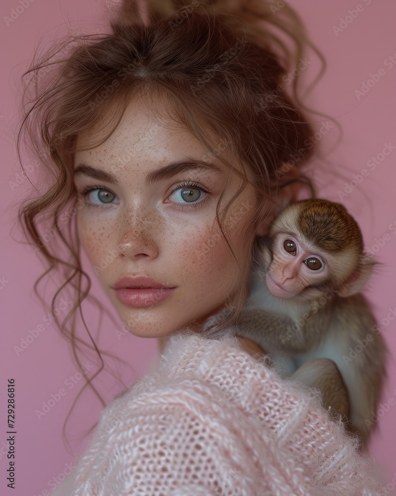 Beautiful woman with striking blue eyes and a young monkey on her ...
