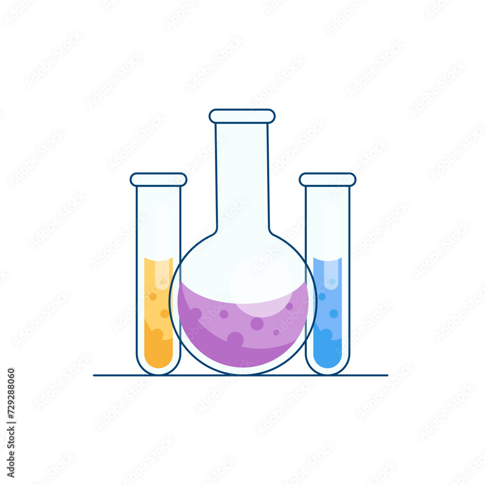 Chemical flasks and test tubes with reagents. Scientific experiment ...