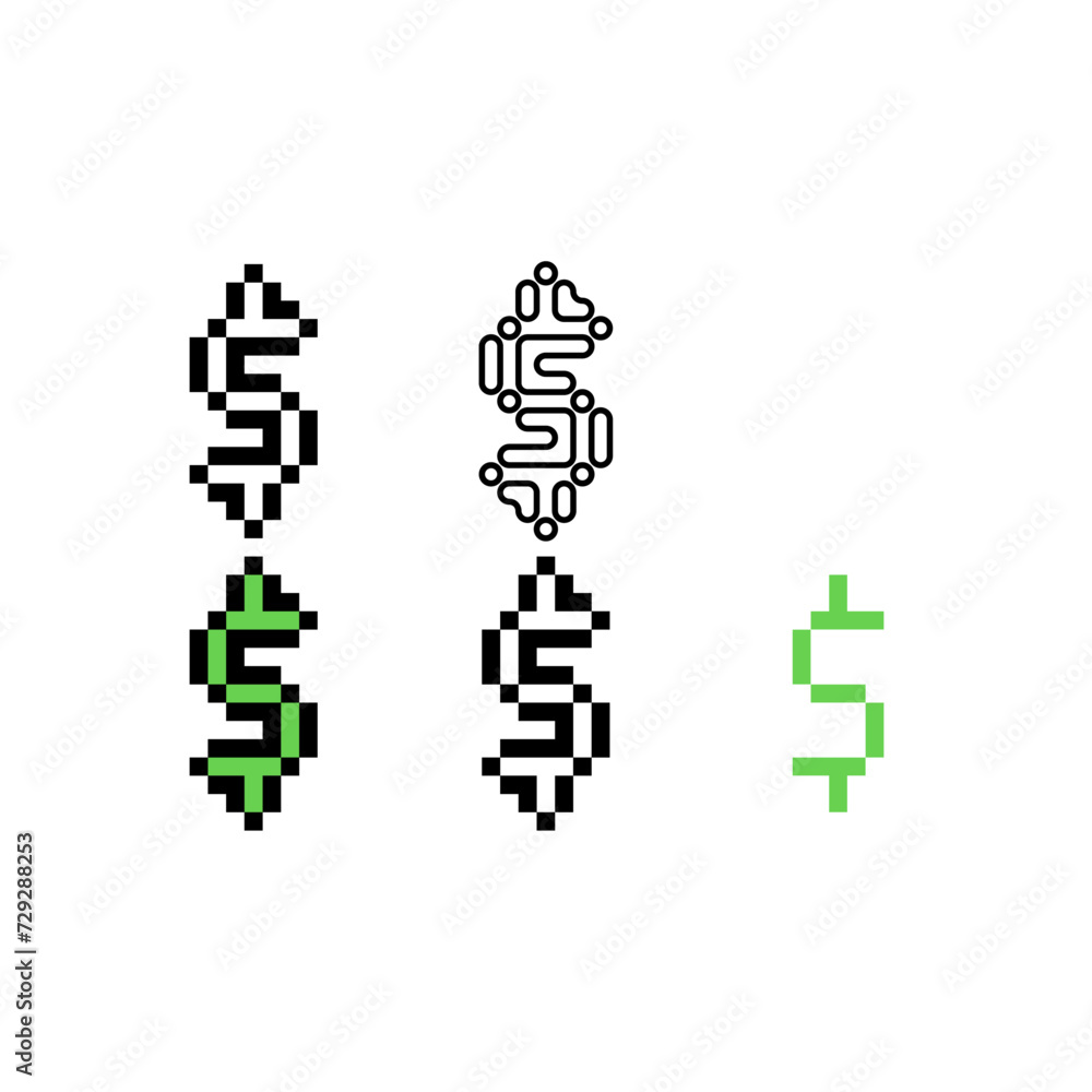 Pixel art outline sets icons of dollar money sign variations in color ...