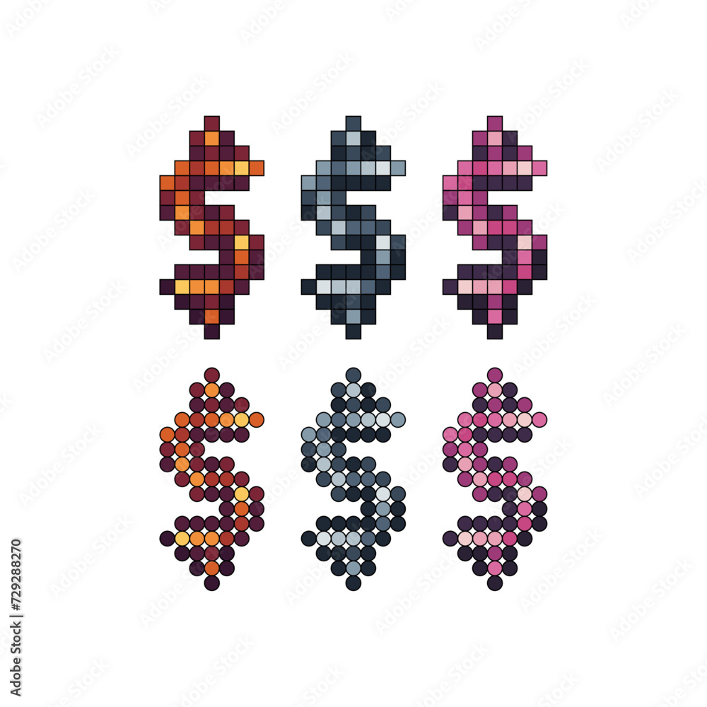 Pixel art stroke sets icons of dollar money sign variations in color ...