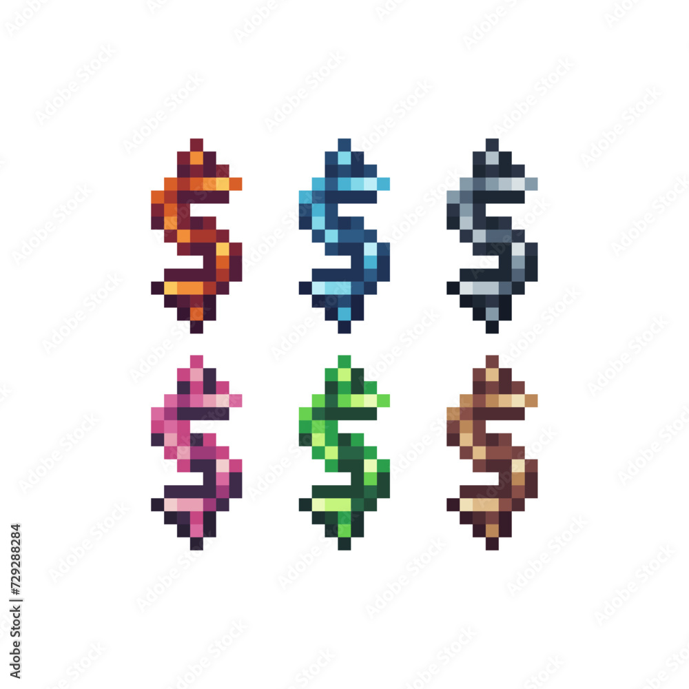 Pixel art sets icons of dollar money sign variations in color.Dollar ...