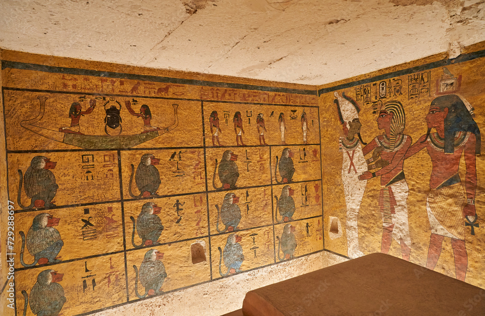 sculptural details on the wall of the temple of the Tutankhamun king ...