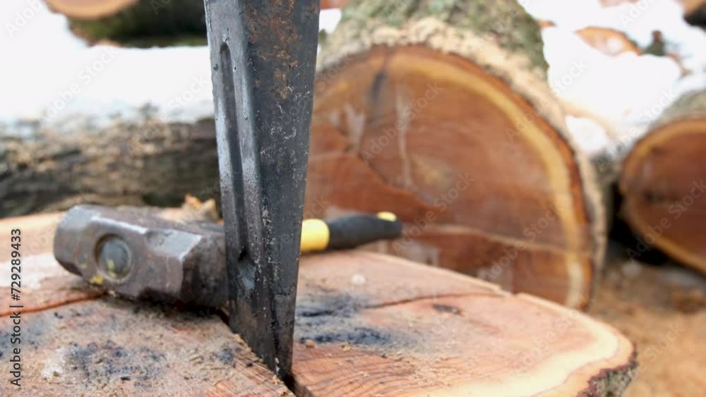 Close up of iron wedge stick into incision in the tree stump ready to ...
