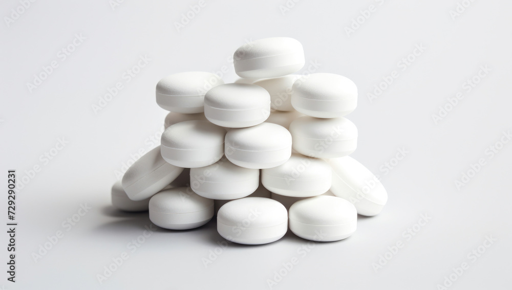 Pyramid of stacked white tablets on a light background, denoting ...
