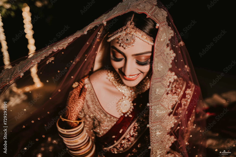 Foto de Smiling Indian bride wearing traditional costumes and jewellery ...