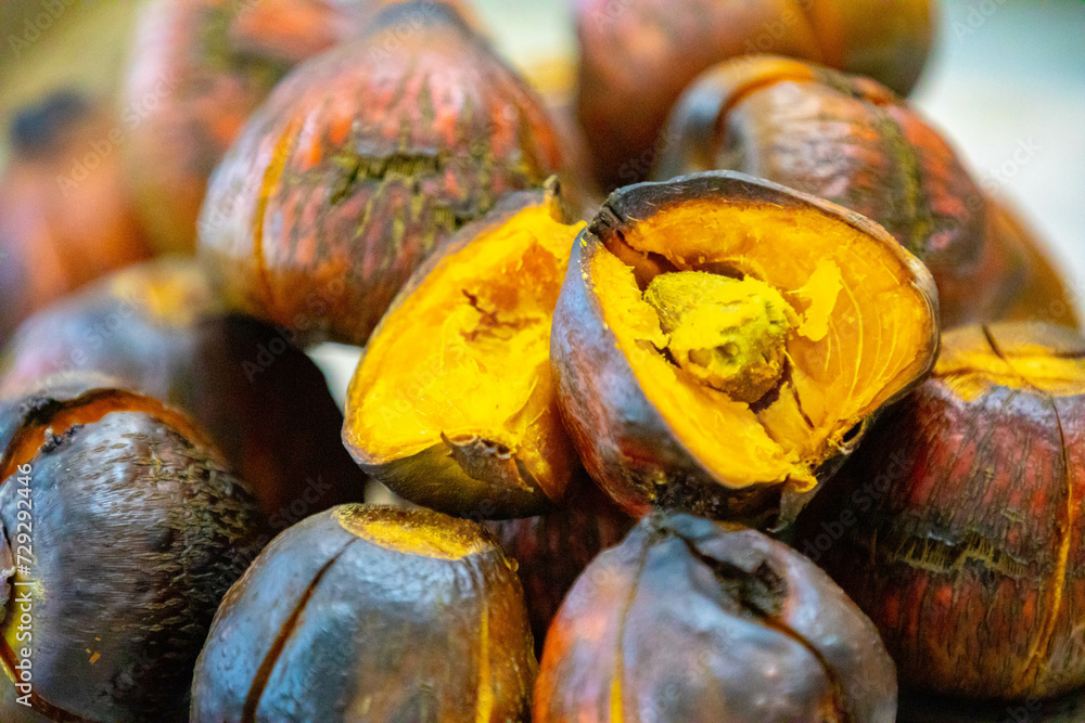 Roasted fruit of the pupunha palm (Bactris gasipaes), typical fruit of ...