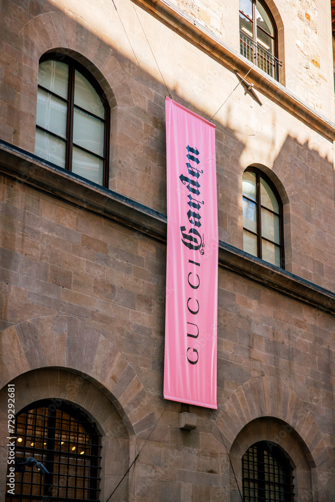 Florence, Italy - August 29 2023 : A ribbon insignia of the Gucci ...