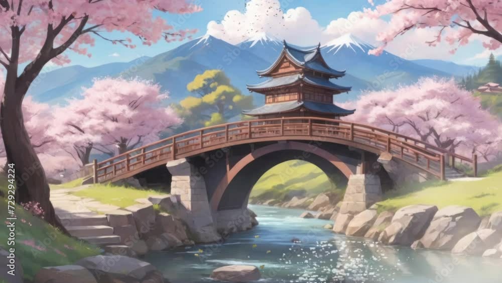 Bridge over the river with views of the Japanese mountains. Cartoon or ...