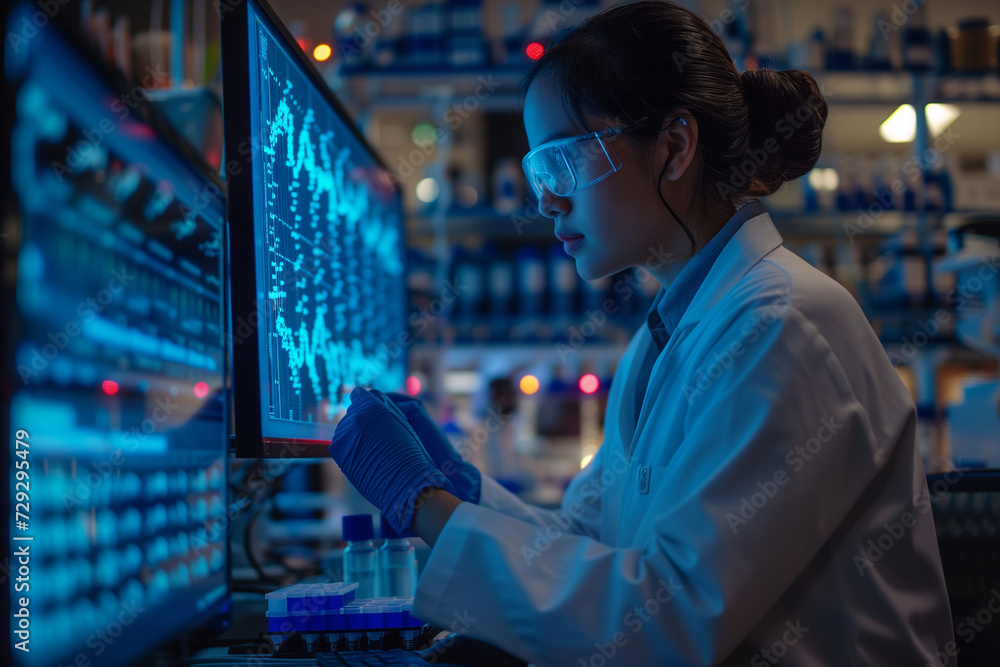 Bioinformatics lab where scientists analyse the results. Asian female ...