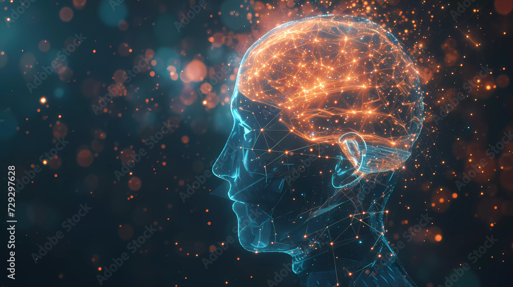 Abstract human head with red luminous brain and network dot,Neuroscientist ,Machine learning ...