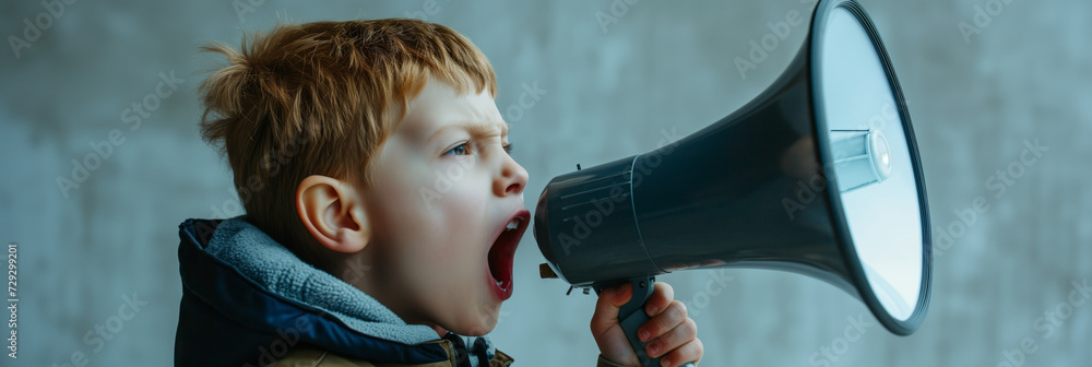 Energetic young boy with a commanding shout into a megaphone, his ...