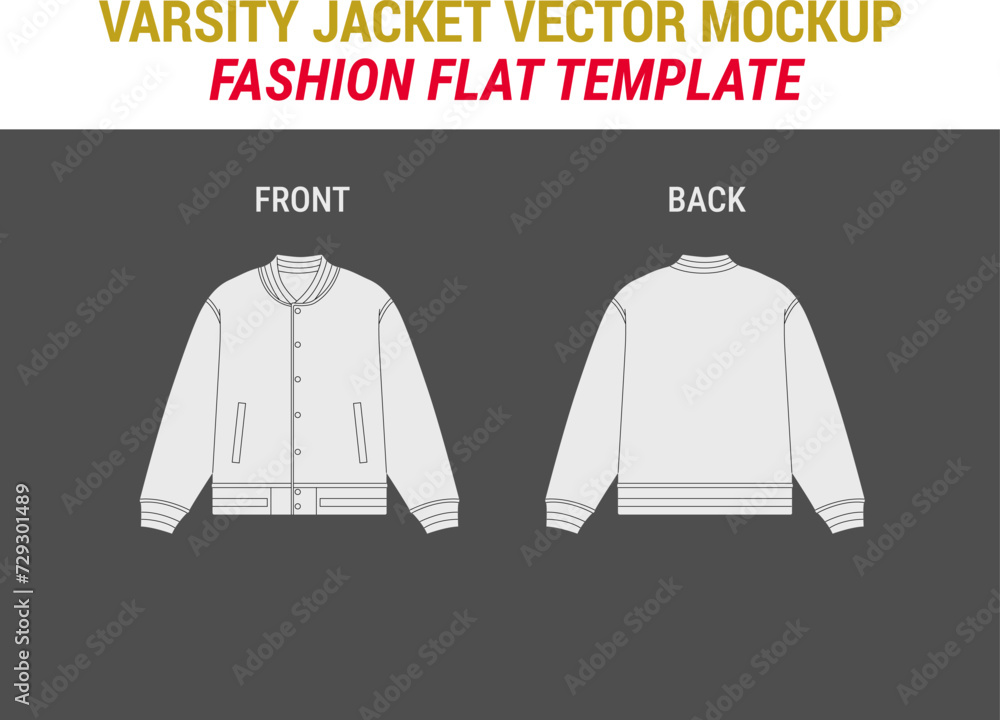 Varsity Jacket Fashion Flat Template Bomber Jacket Flat Vector Illustration Varsity Jacket ...