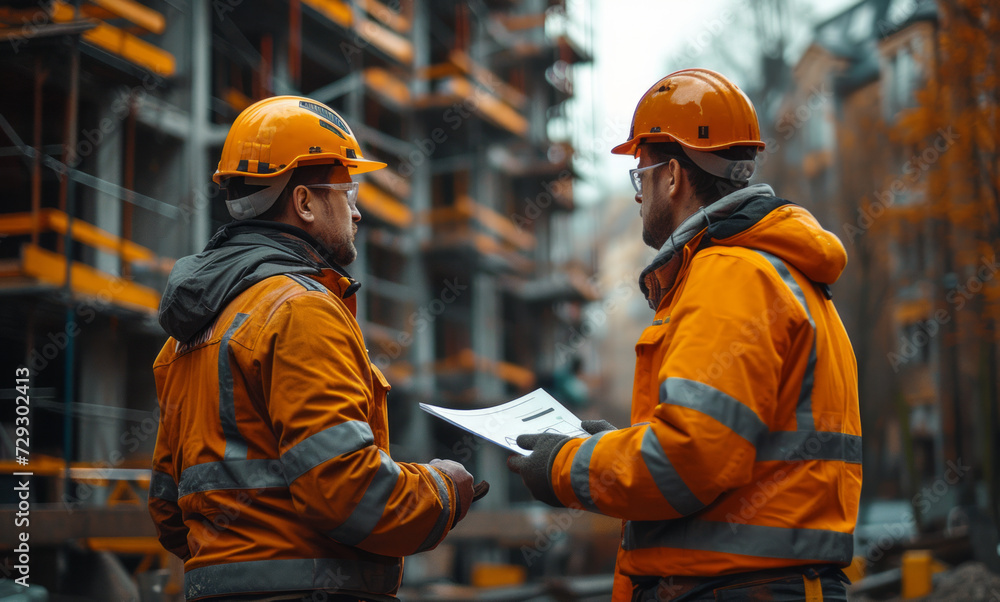 Two workers in orange uniform standing on construction site with ...