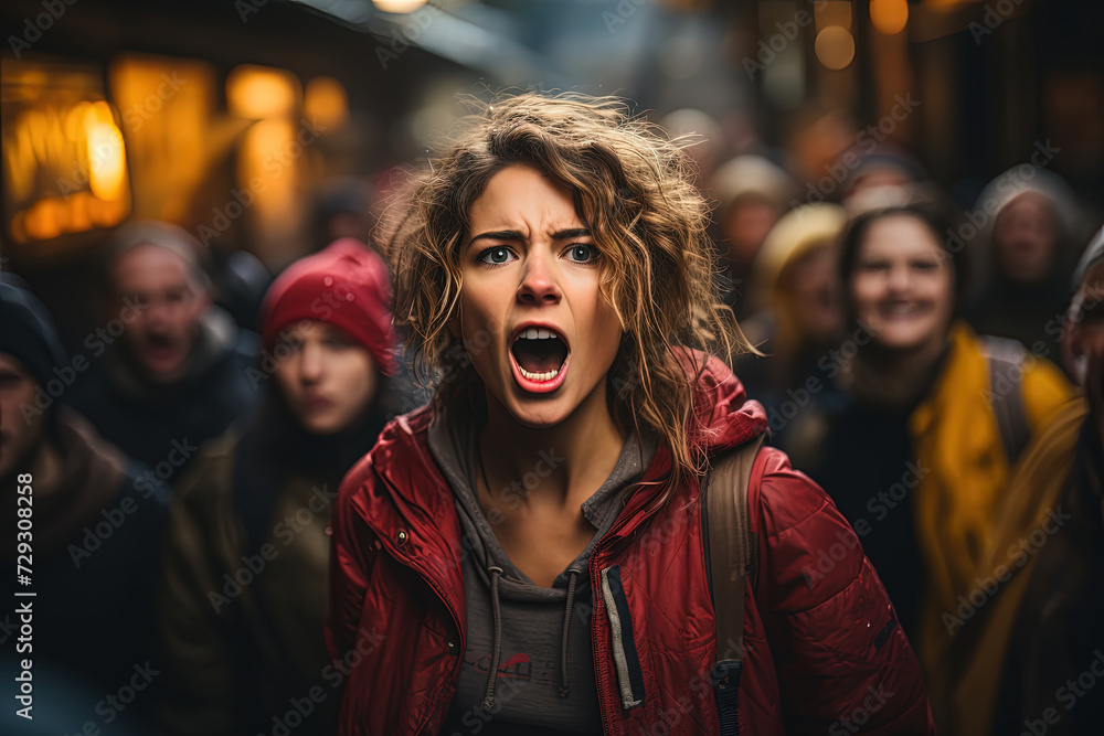 Angry woman stands amidst a bustling crowd, her mouth agape in a scream ...