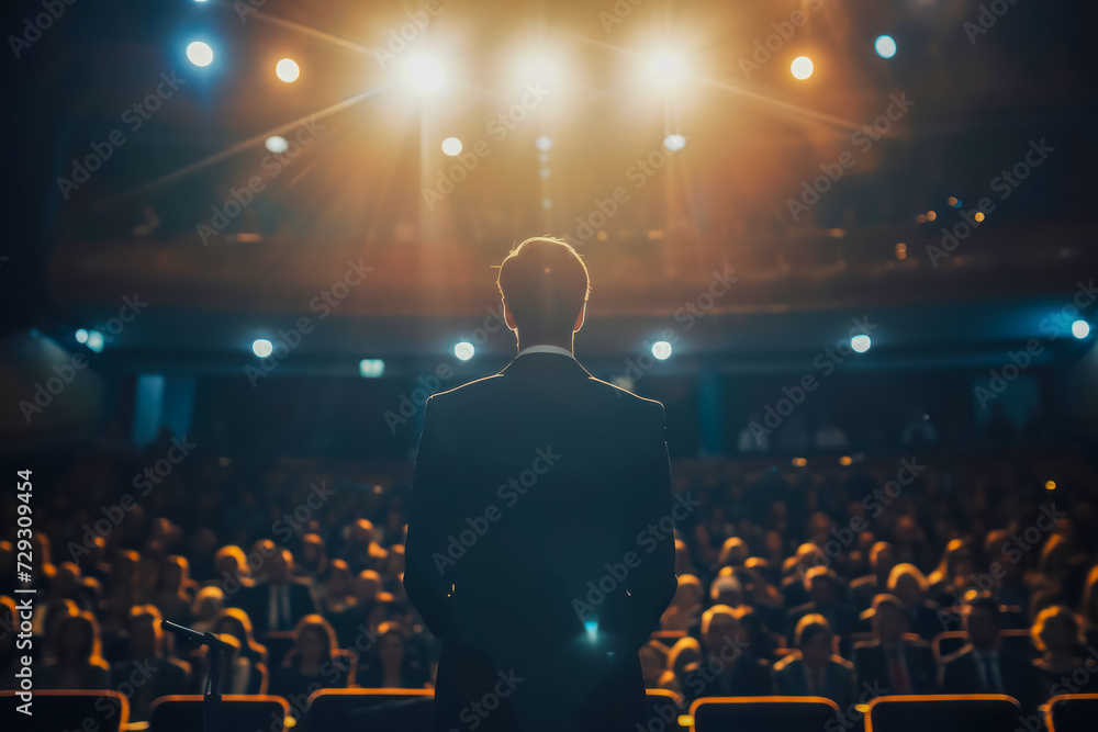 Wide-angle shot of a businessman on stage with a spotlight, addressing ...