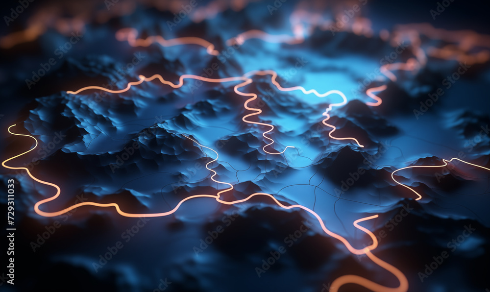 Abstract paths and routes going trough digital mountain landscape ...