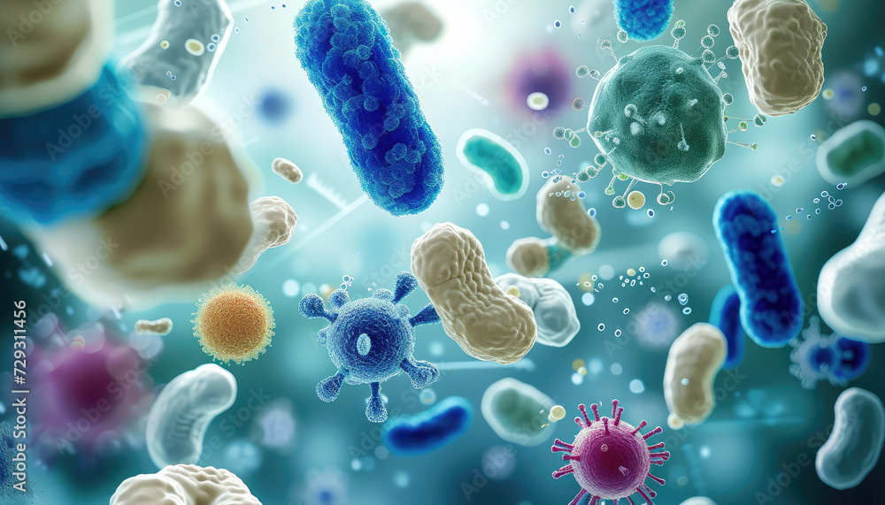 A diverse array of bacteria and viruses shown in a vivid microscopic ...