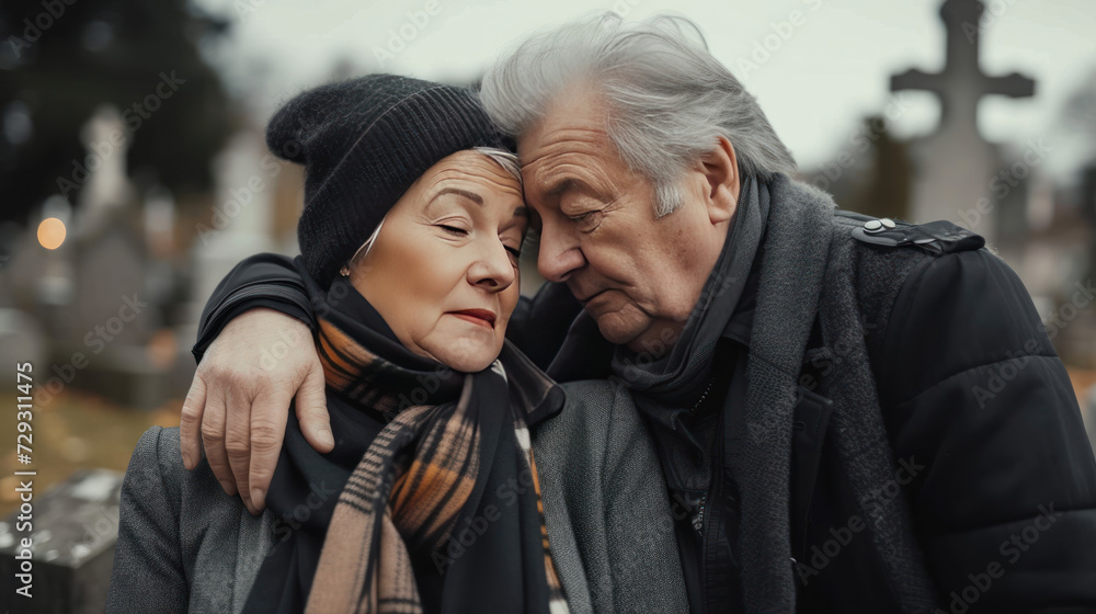 Funeral, graveyard and senior couple in cemetery for comfort, empathy and support at memorial ...