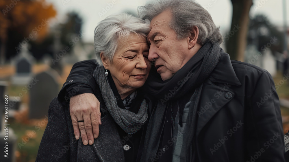 Funeral, graveyard and senior couple in cemetery for comfort, empathy ...