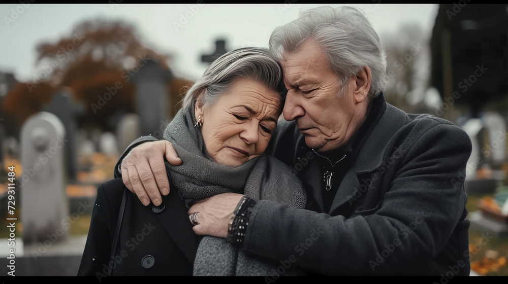 Funeral, graveyard and senior couple in cemetery for comfort, empathy ...